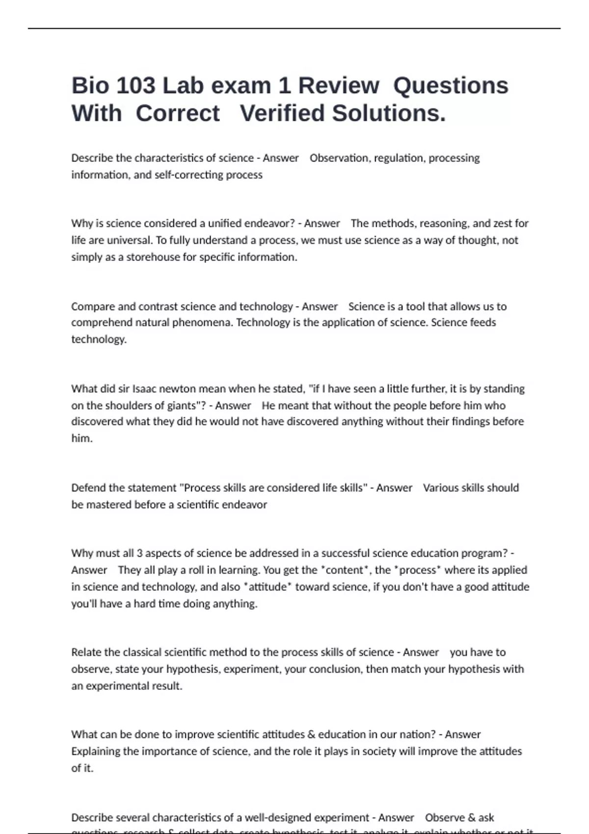 Bio 103 Lab exam 1 Review Questions With Correct Verified Solutions. - Biol 1124 - Stuvia US