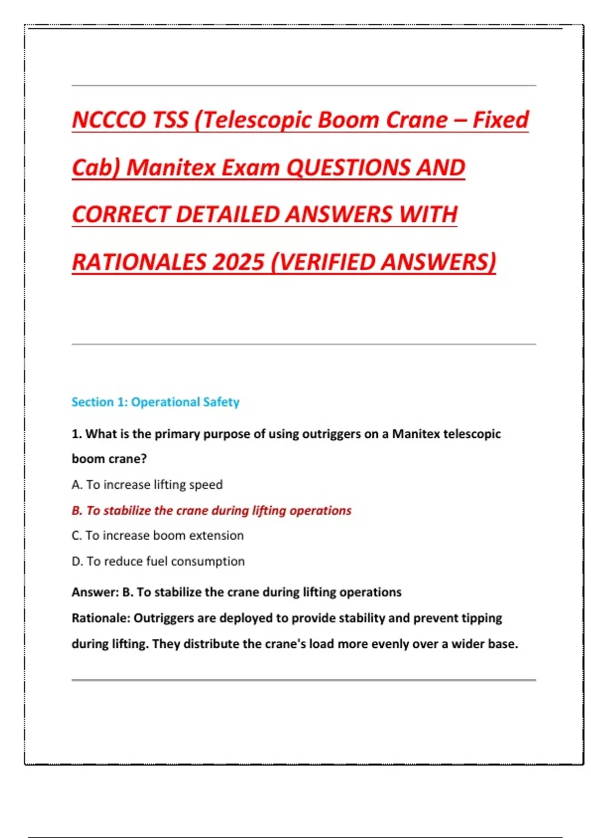 NCCCO TSS (Telescopic Boom Crane – Fixed Cab) Manitex Exam QUESTIONS ...