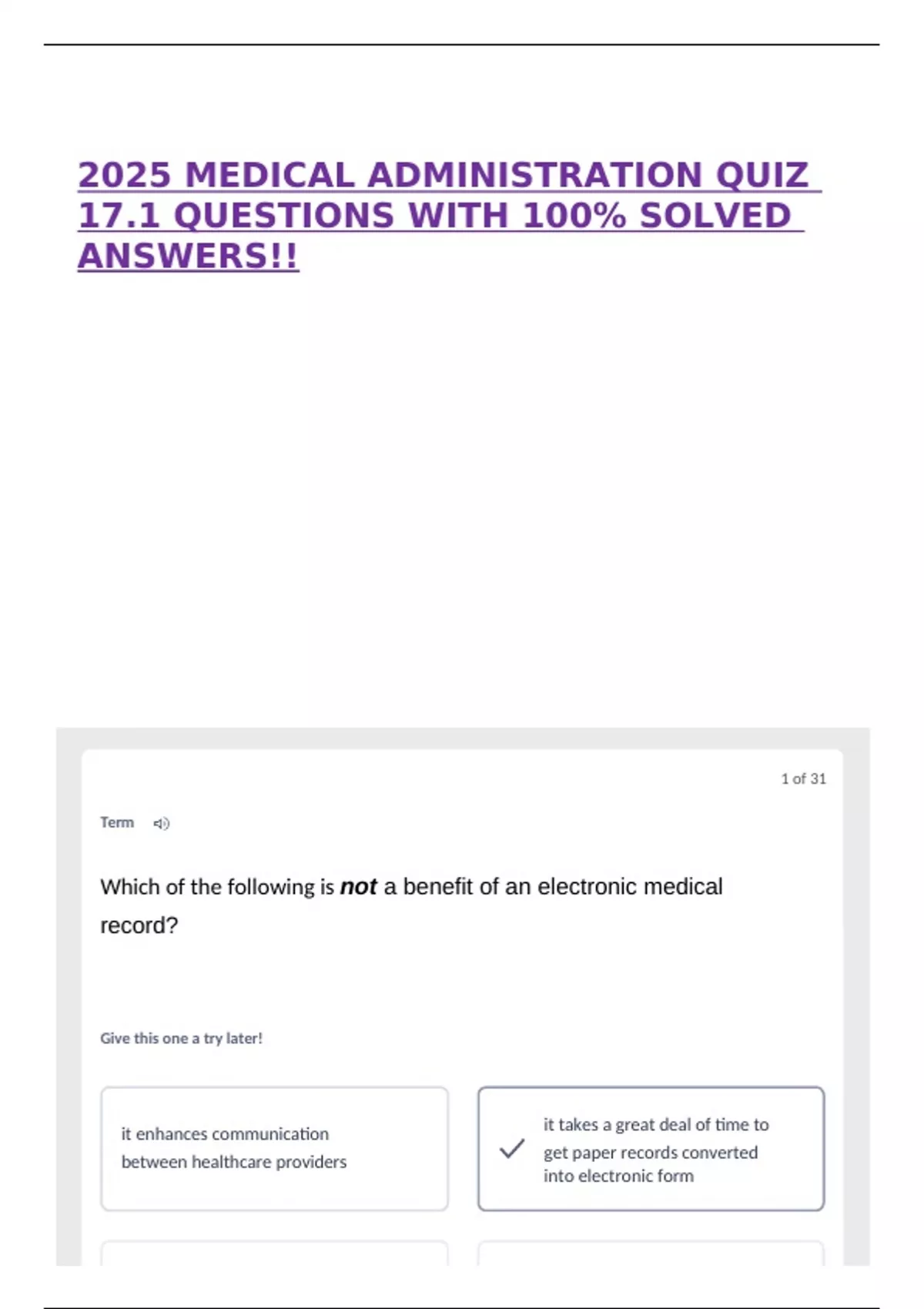 2025 MEDICAL ADMINISTRATION QUIZ 17.1 QUESTIONS WITH 100% SOLVED ...
