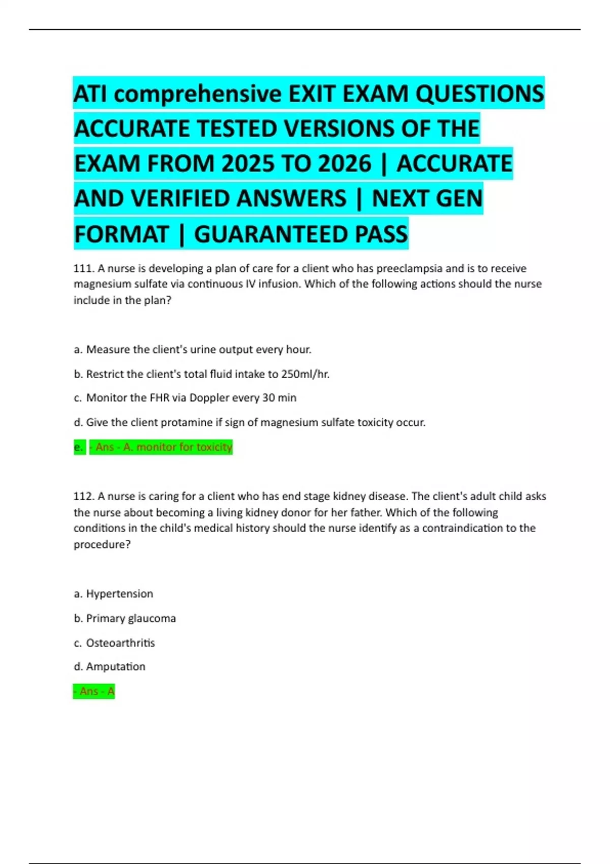 ATI comprehensive EXIT EXAM QUESTIONS ACCURATE TESTED VERSIONS OF THE ...