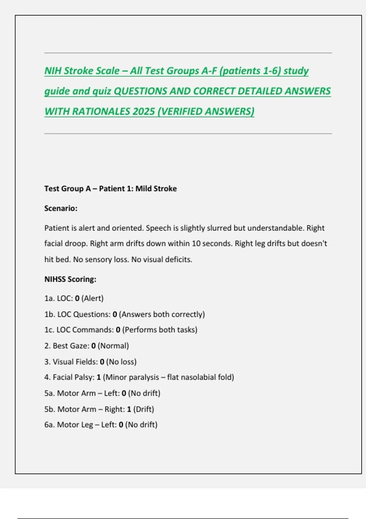 NIH Stroke Scale – All Test Groups A-F (patients 1-6) study guide and ...