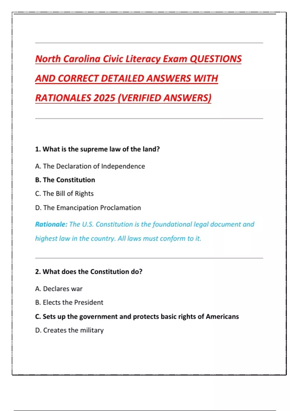 North Carolina Civic Literacy Exam QUESTIONS AND CORRECT DETAILED ...