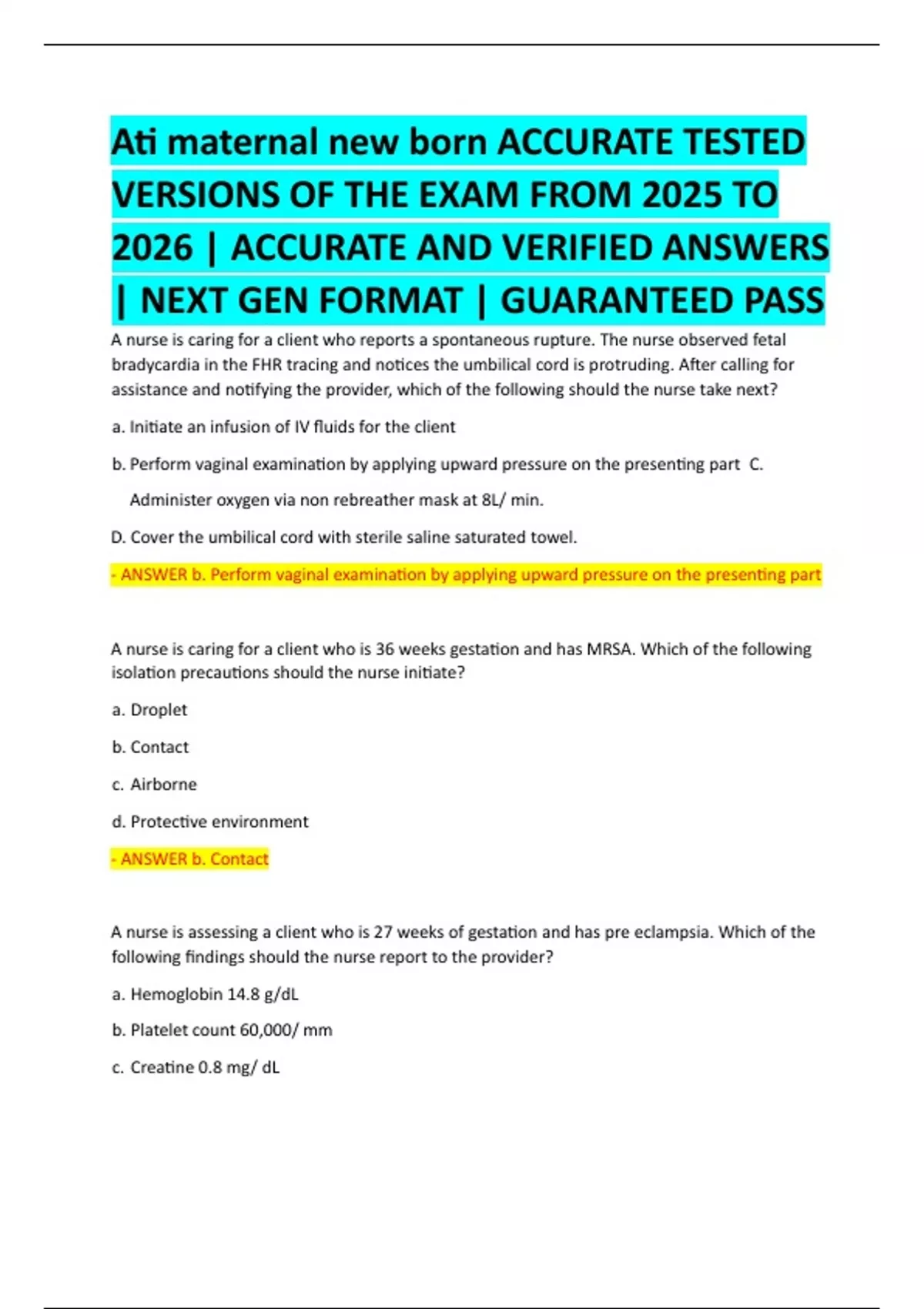 Ati maternal new born ACCURATE TESTED VERSIONS OF THE EXAM FROM 2025 TO ...
