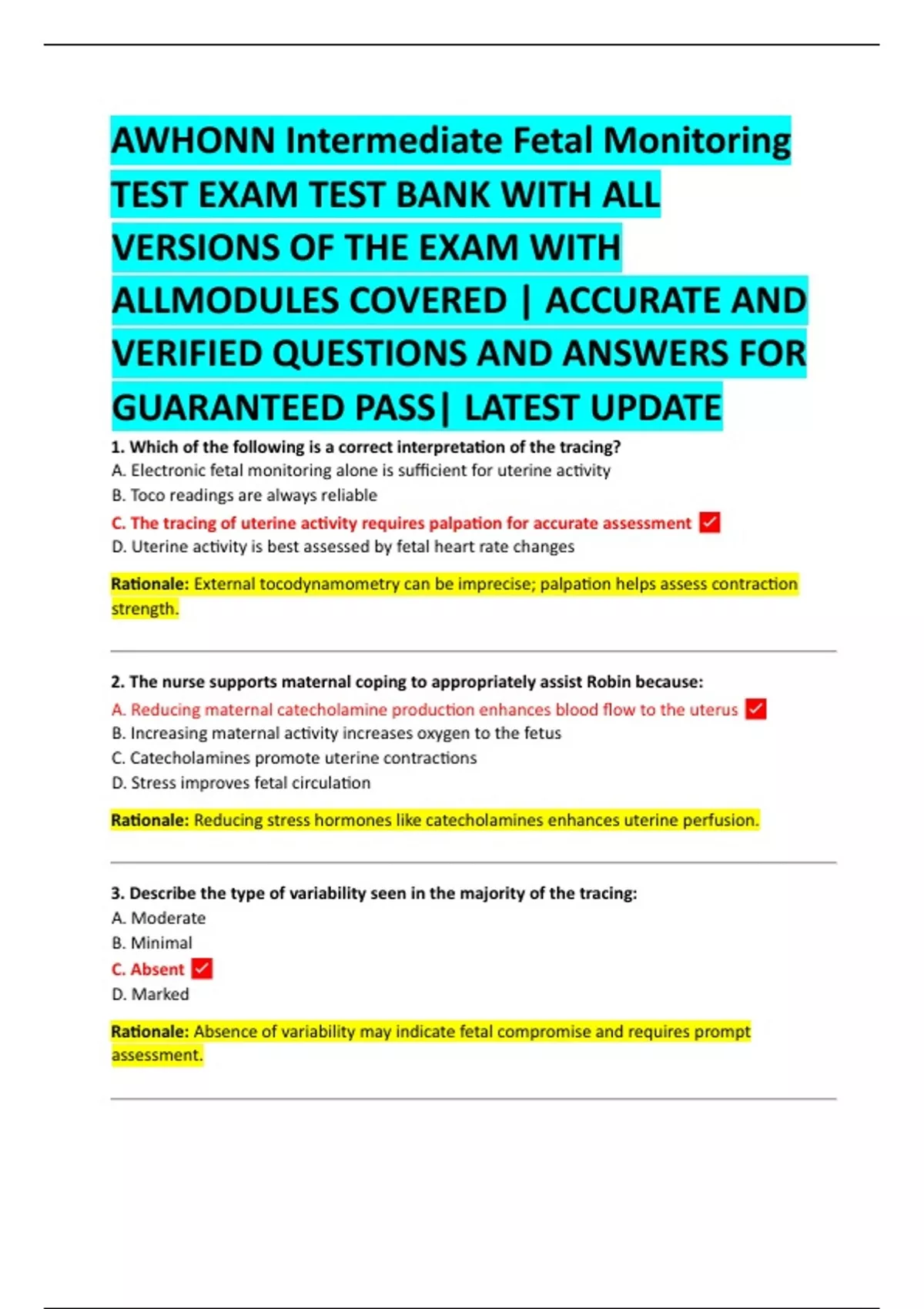 AWHONN Intermediate Fetal Monitoring TEST EXAM TEST BANK WITH ALL ...