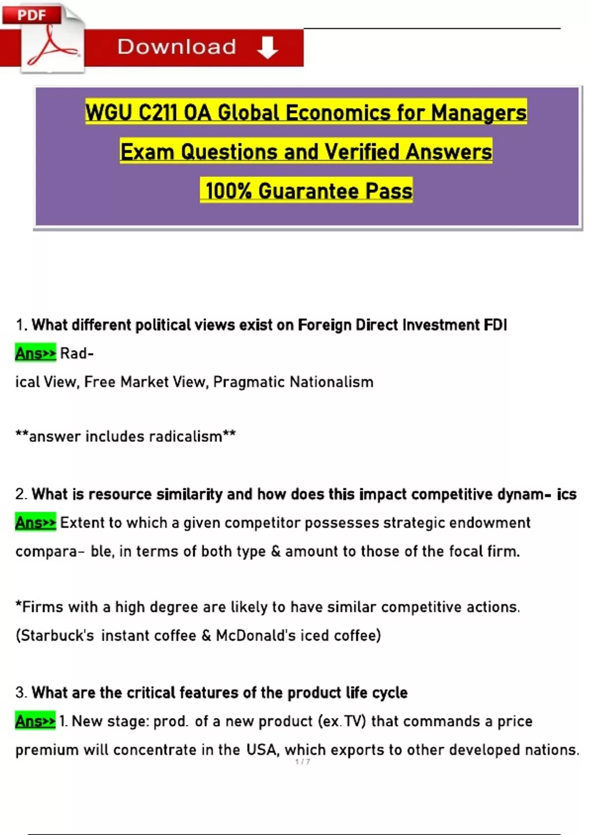 WGU C211 Global Business – OA Exam (Final PDF Version) | Verified Questions & Answers | 2024 ...