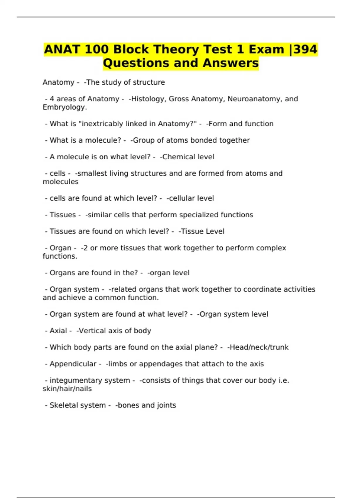 ANAT 100 Block Theory Test 1 Exam |394 Questions and Answers - ANAT 100 ...