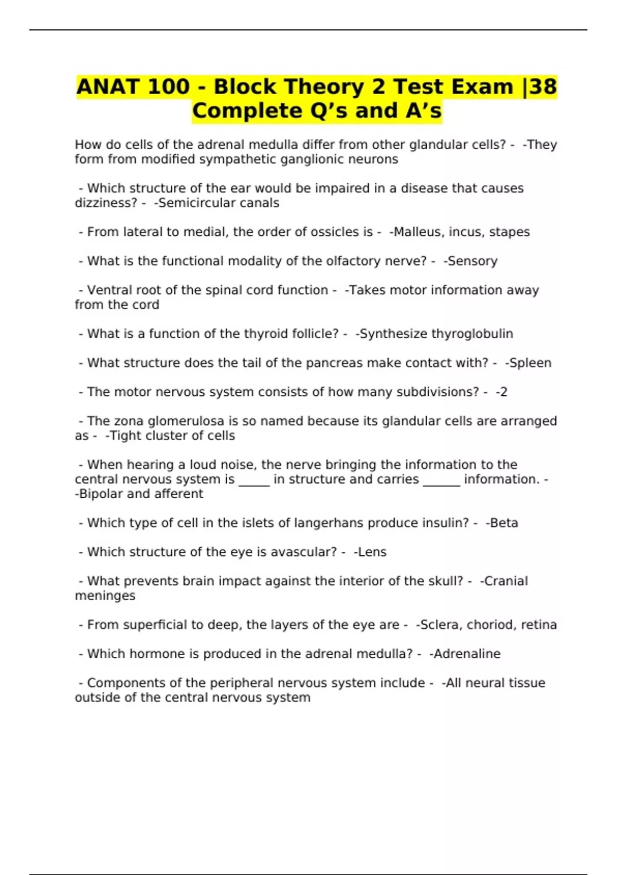ANAT 100 - Block Theory 2 Test Exam |38 Complete Q’s and A’s - ANAT 100 ...