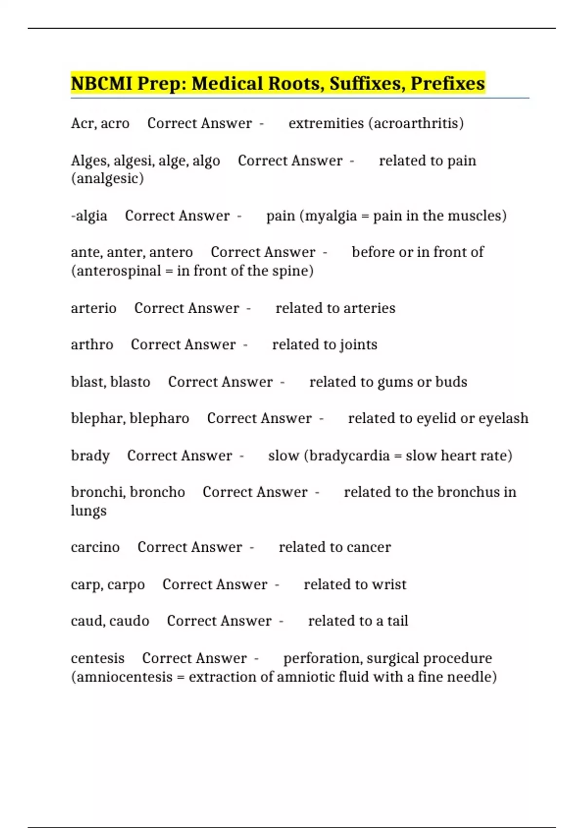 NBCMI Prep: Medical Roots, Suffixes, Prefixes - NBCMI - Stuvia US