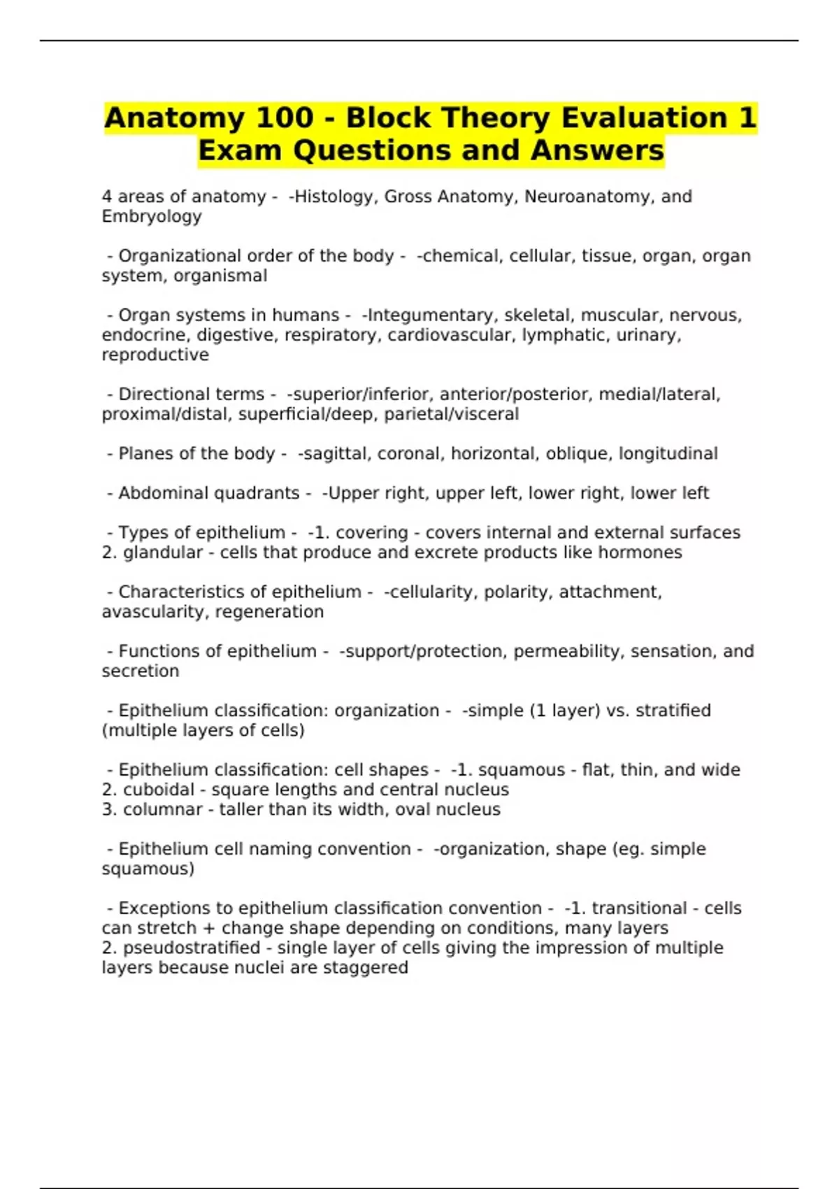 Anatomy 100 - Block Theory Evaluation 1 Exam Questions and Answers - Anatomy 100 - Block Theory ...