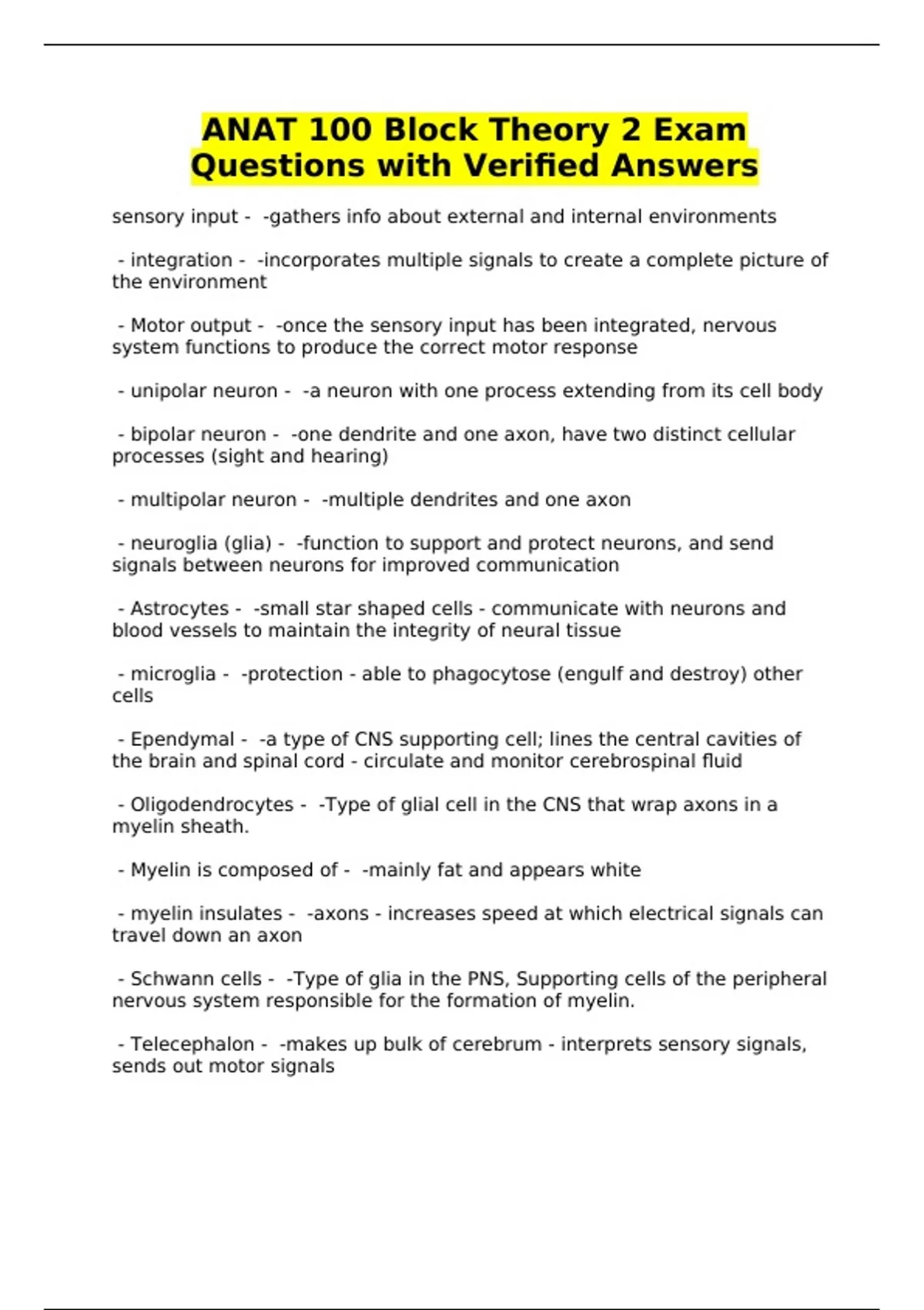 ANAT 100 Block Theory 2 Exam Questions with Verified Answers - ANAT 100 ...