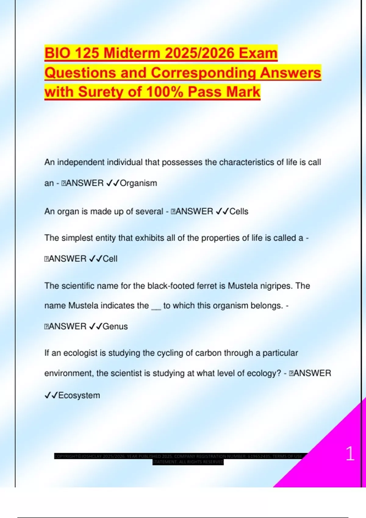 BIO 125 Midterm 2025/2026 Exam Questions and Corresponding Answers with ...