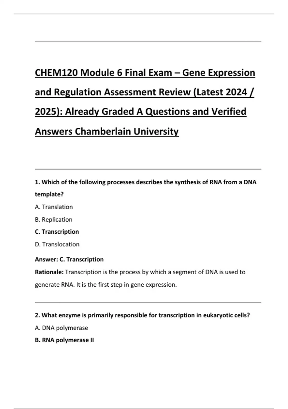 CHEM120 Module 6 Final Exam – Gene Expression and Regulation Assessment ...