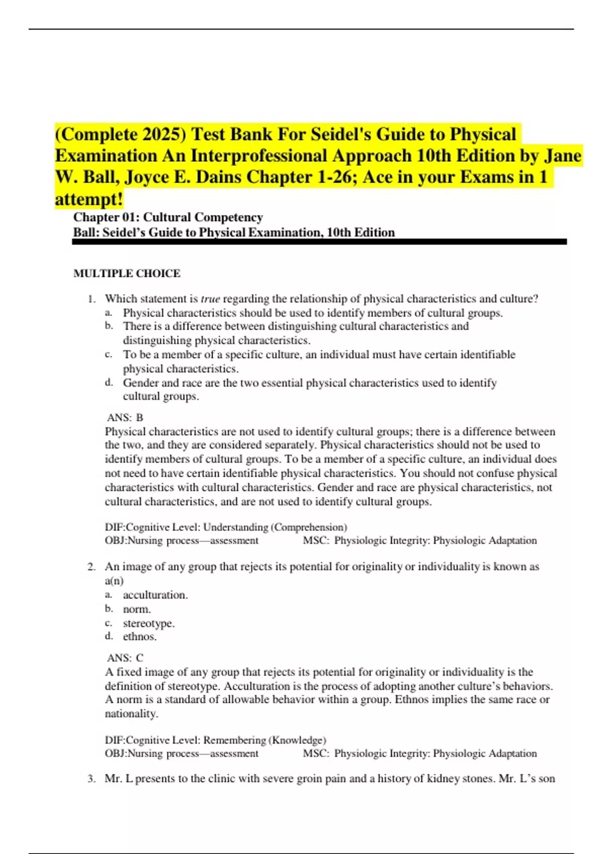 Test Bank For Seidel's Guide to Physical Examination An ...