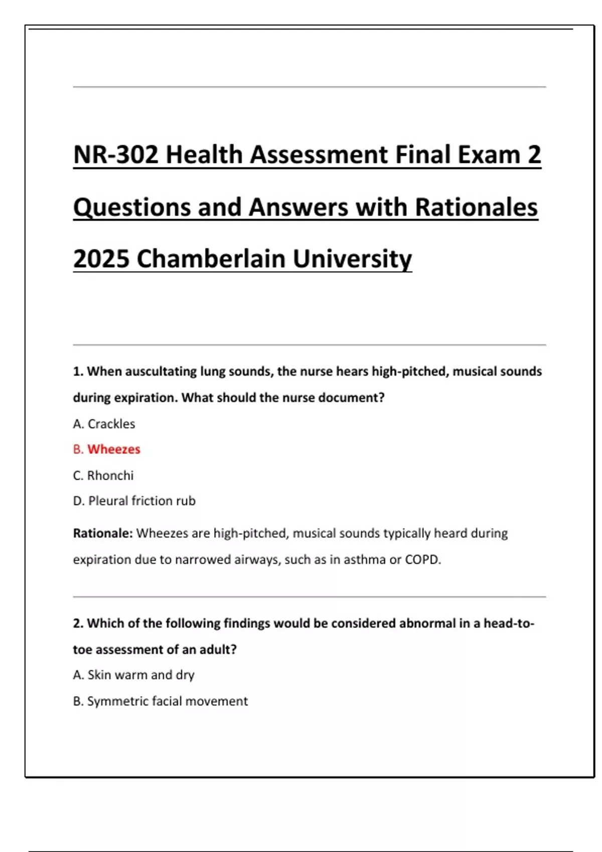 NR-302 Health Assessment Final Exam 2 Questions and Answers with Rationales 2025 Chamberlain ...