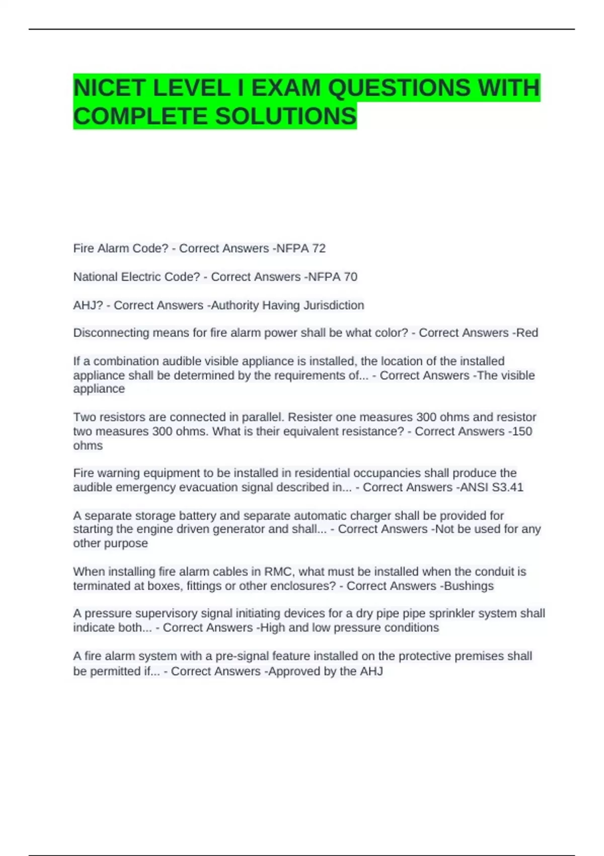 NICET LEVEL I EXAM QUESTIONS WITH COMPLETE SOLUTIONS - NICET Fire Alarm ...