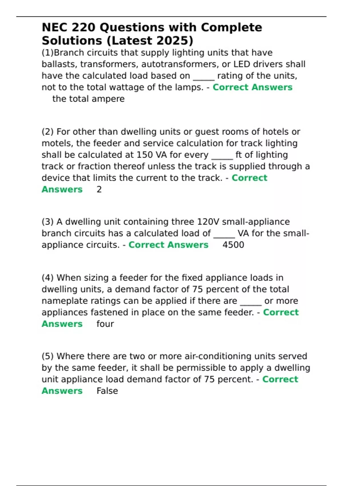 NEC 220 Questions with Complete Solutions (Latest 2025) - NEC Article ...