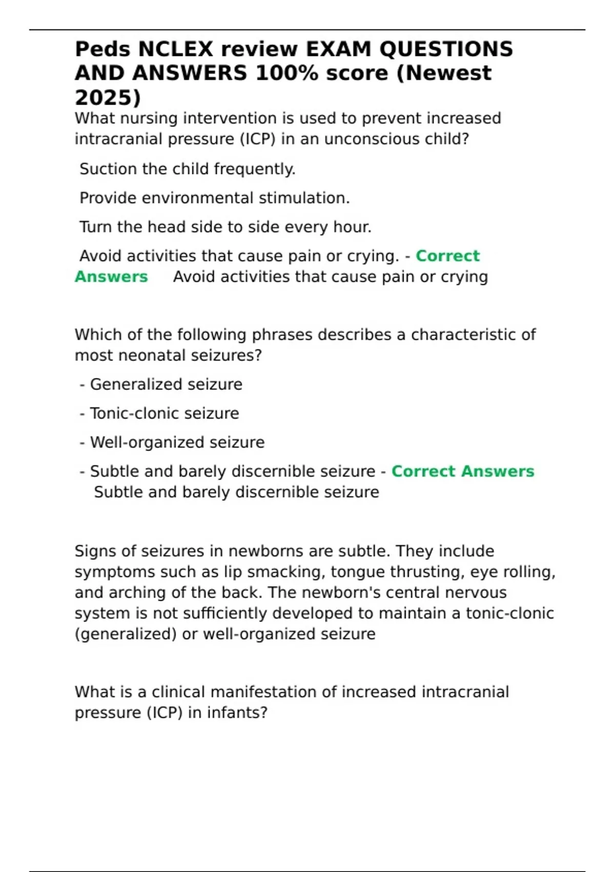 Peds NCLEX review EXAM QUESTIONS AND ANSWERS 100- score (Newest 2025 ...