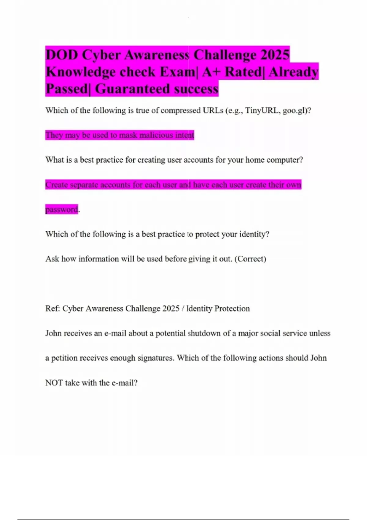 DOD Cyber Awareness Challenge 2025 Knowledge check Exam| A+ Rated ...