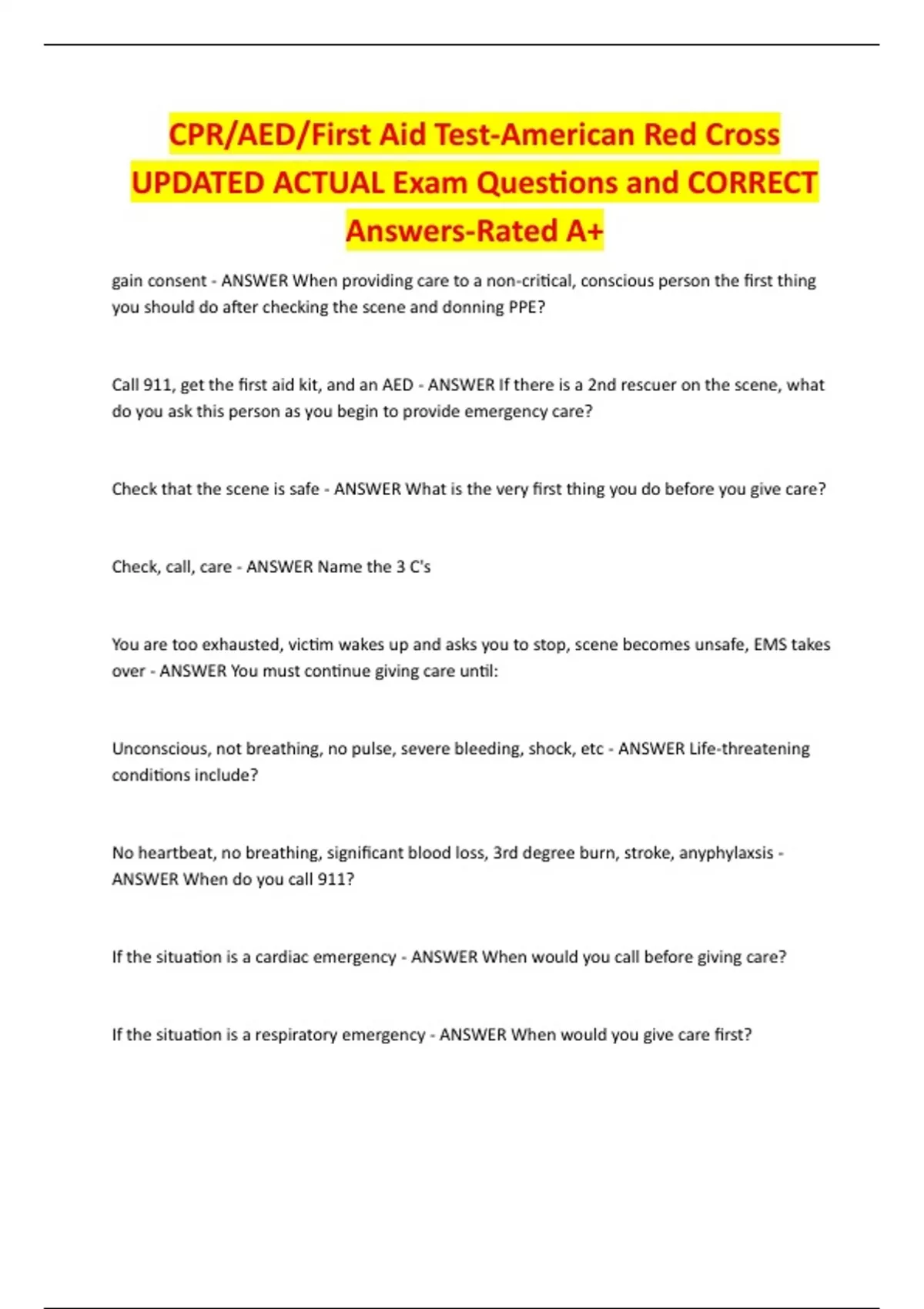 CPR/AED/First Aid Test-American Red Cross UPDATED ACTUAL Exam Questions ...