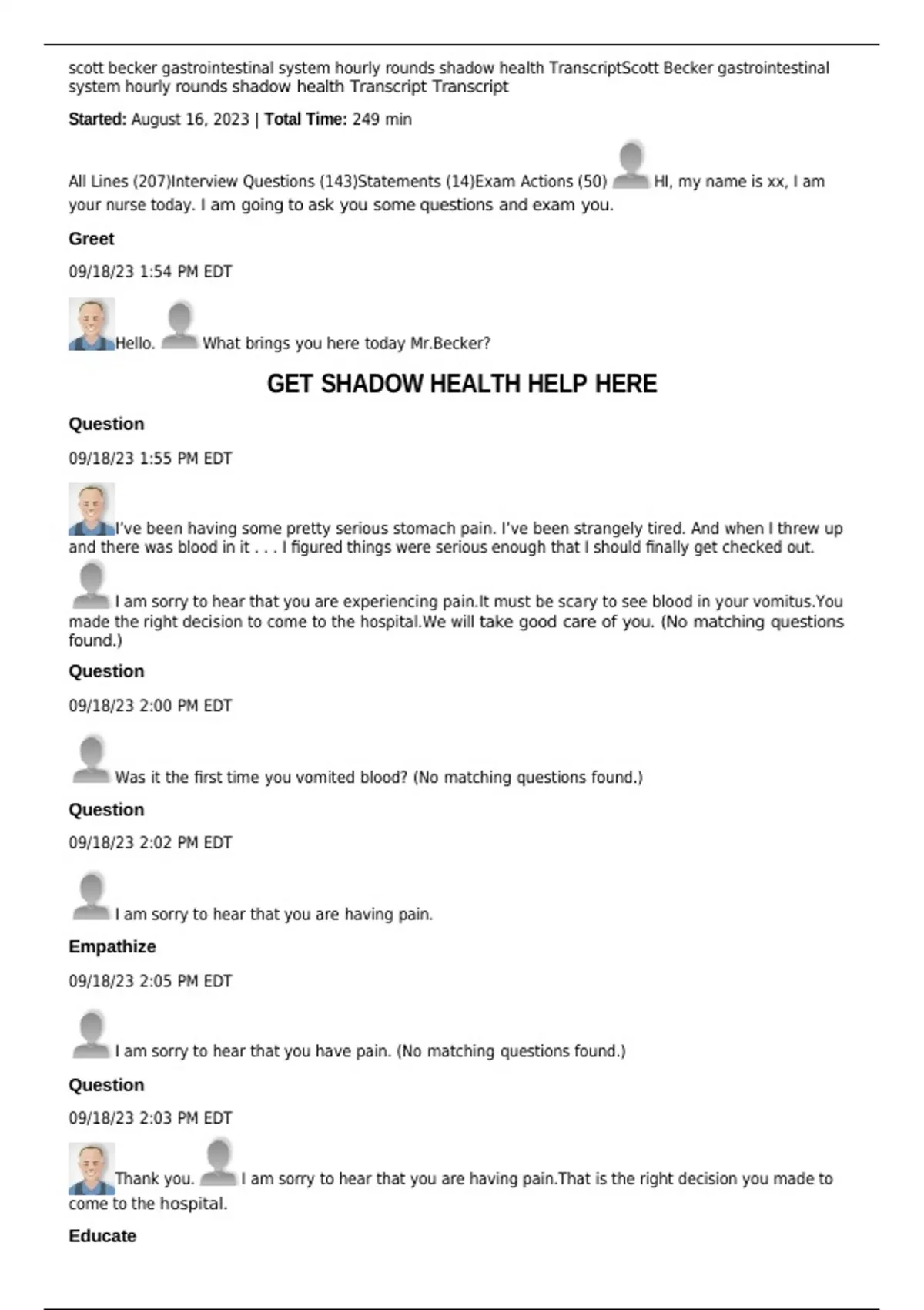 NSG 410 Scott Becker Gastrointestinal System Hourly Rounds Shadow ...