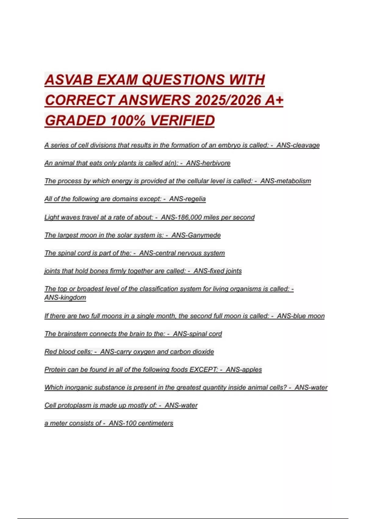 ASVAB EXAM QUESTIONS WITH CORRECT ANSWERS 2025/2026 A+ GRADED 100% ...