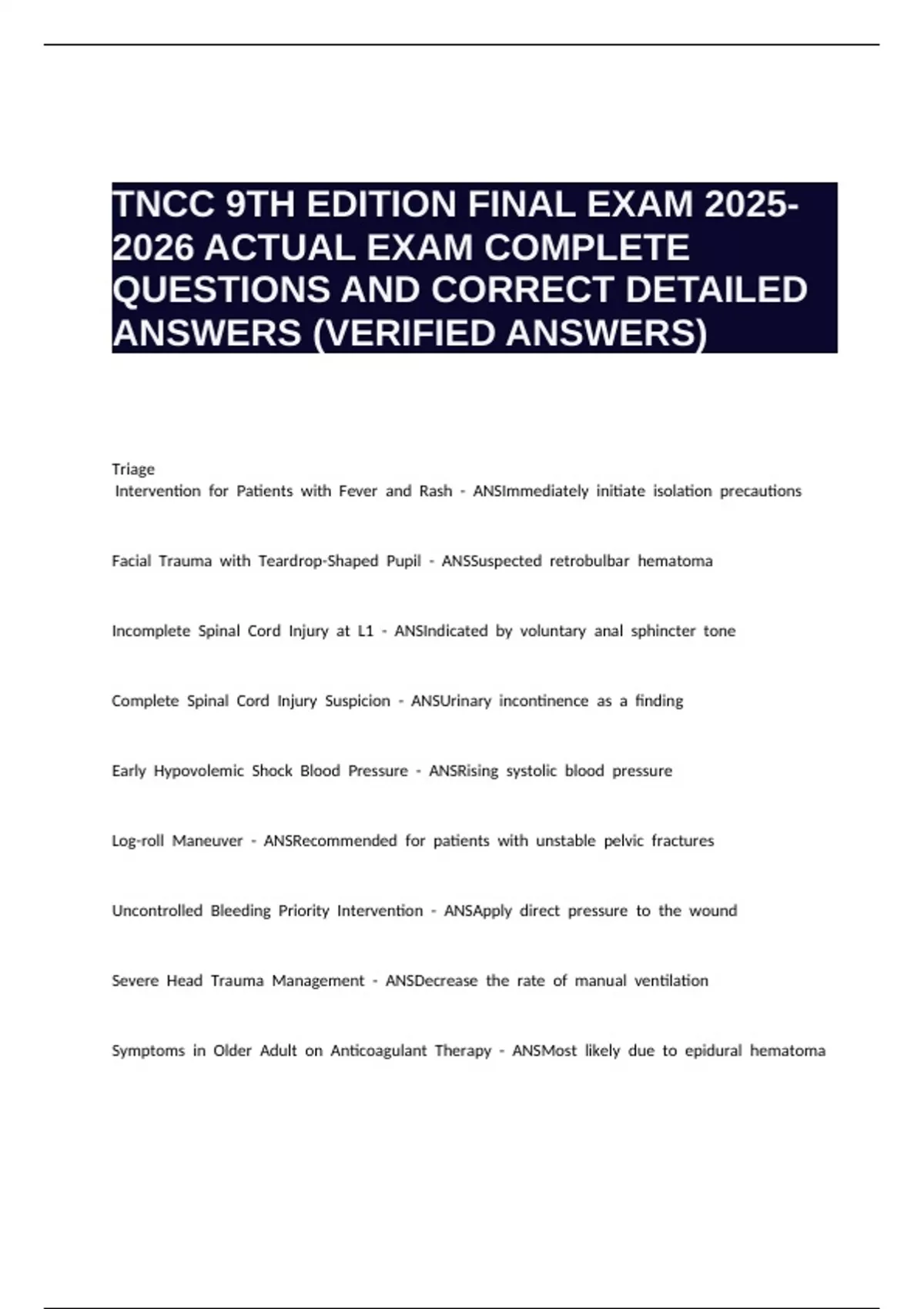 TNCC 9TH EDITION FINAL EXAM ACTUAL EXAM COMPLETE QUESTIONS AND CORRECT ...