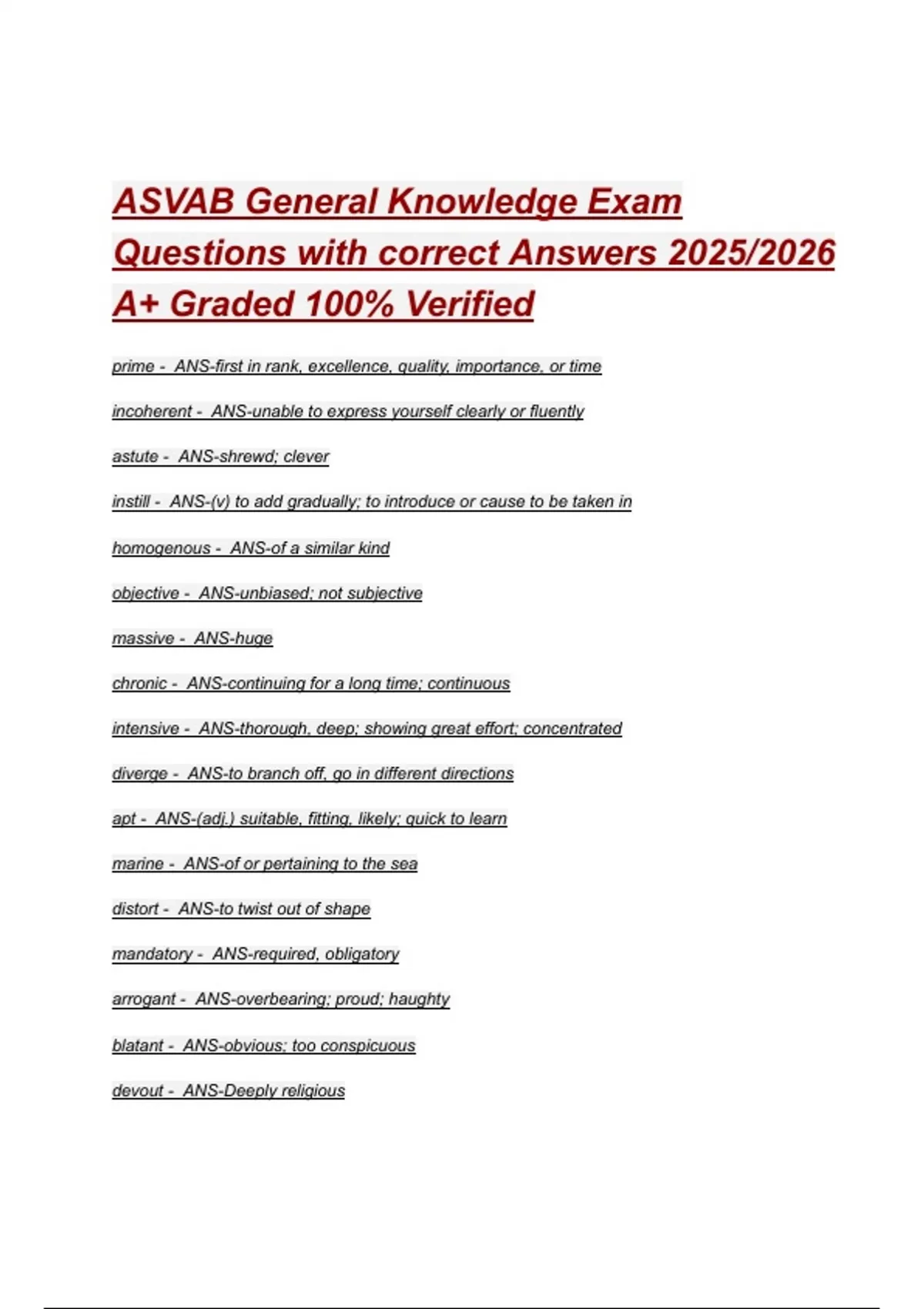 ASVAB General Knowledge Exam Questions with correct Answers 2025/2026 ...