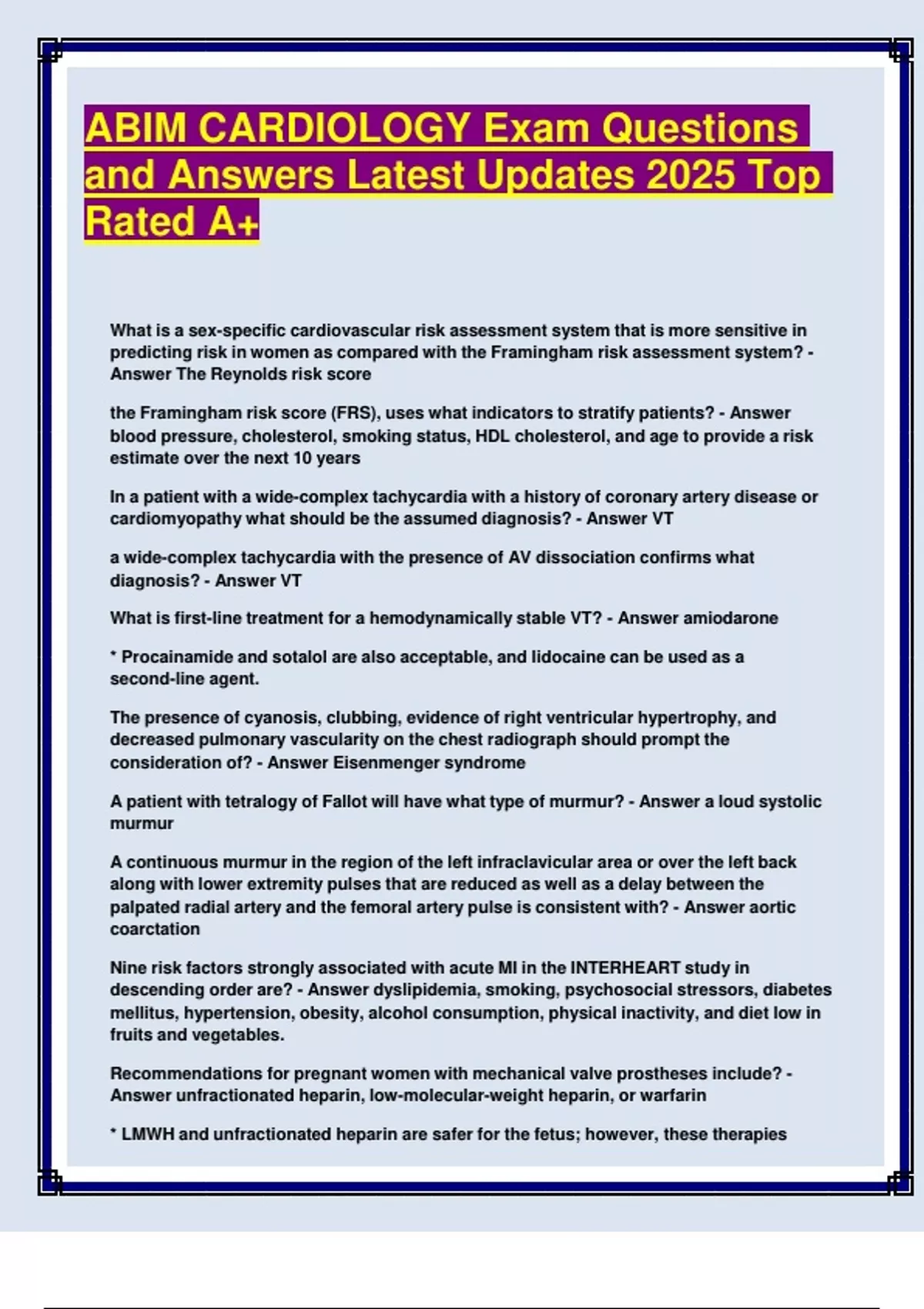 ABIM CARDIOLOGY Exam Questions and Answers Latest Updates 2025 Top ...