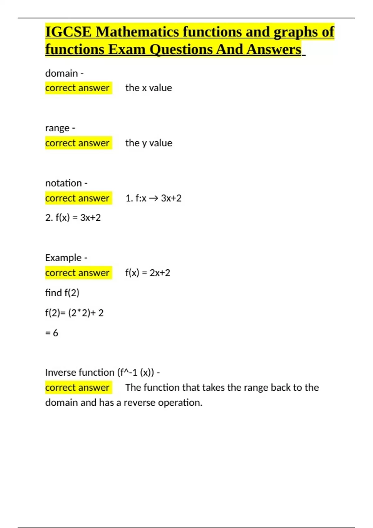 IGCSE Mathematics functions and graphs of functions Exam Questions And ...