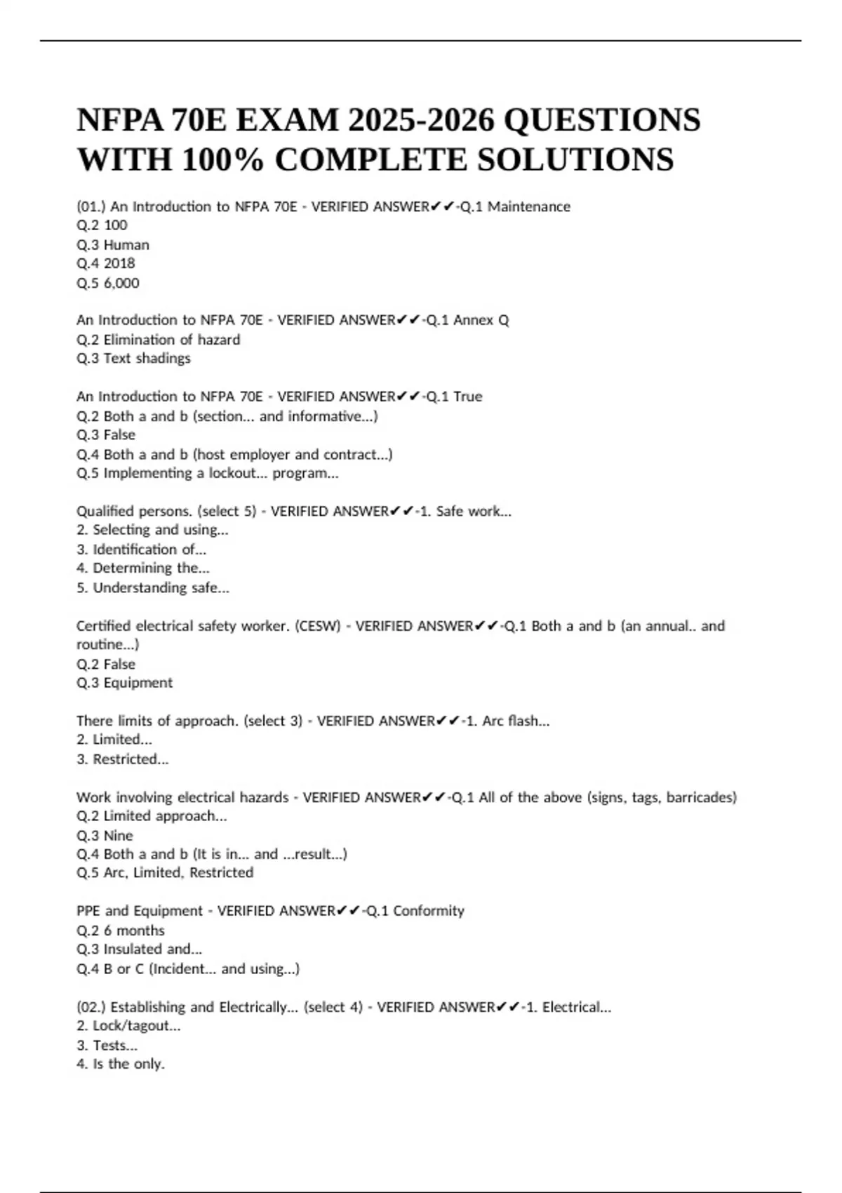NFPA 70E EXAM QUESTIONS WITH 100- COMPLETE SOLUTIONS - NFPA 70E - Stuvia US