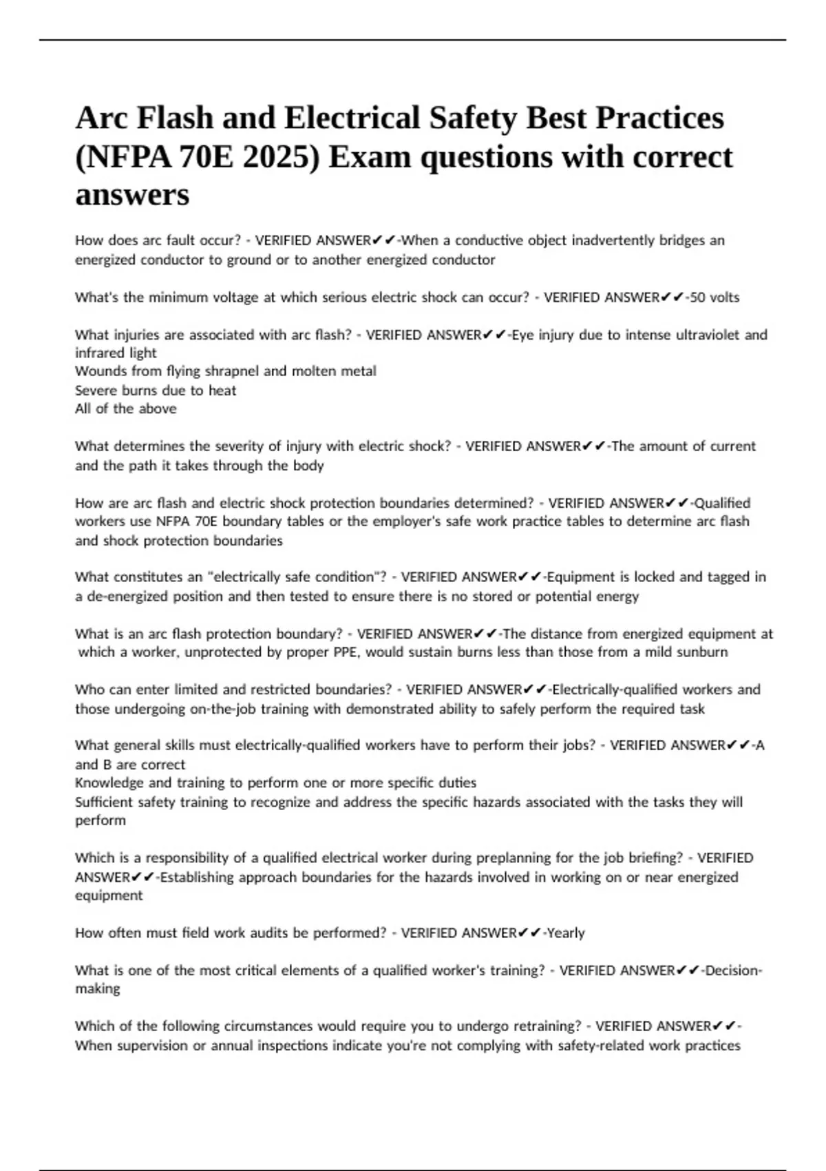 Arc Flash and Electrical Safety Best Practices (NFPA 70E 2025) Exam questions with correct ...