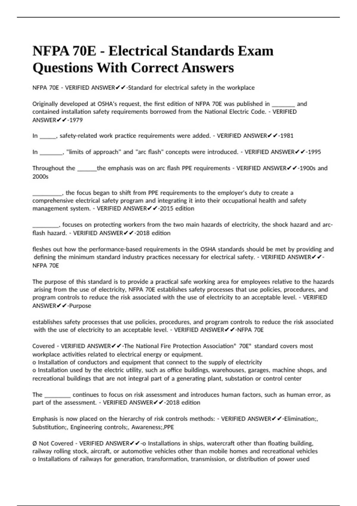 NFPA 70E - Electrical Standards Exam Questions With Correct Answers ...