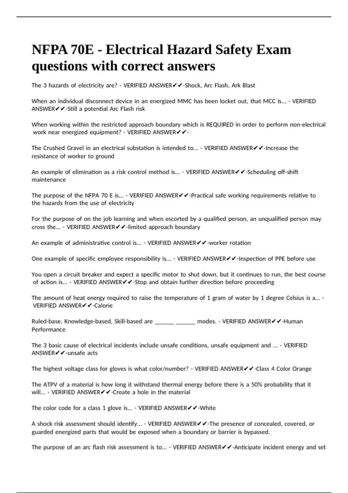 NFPA 70E - Electrical Hazard Safety Exam questions with correct answers - NFPA 70E - Stuvia US