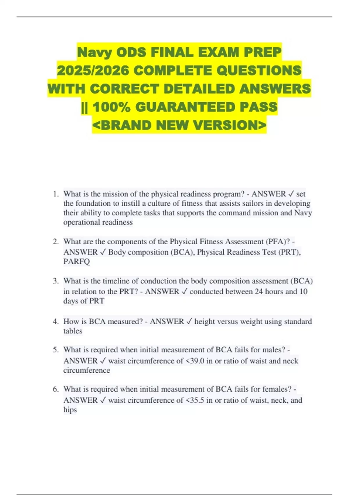 Navy ODS FINAL EXAM PREP 2025/2026 COMPLETE QUESTIONS WITH CORRECT DETAILED ANSWERS || 100% ...
