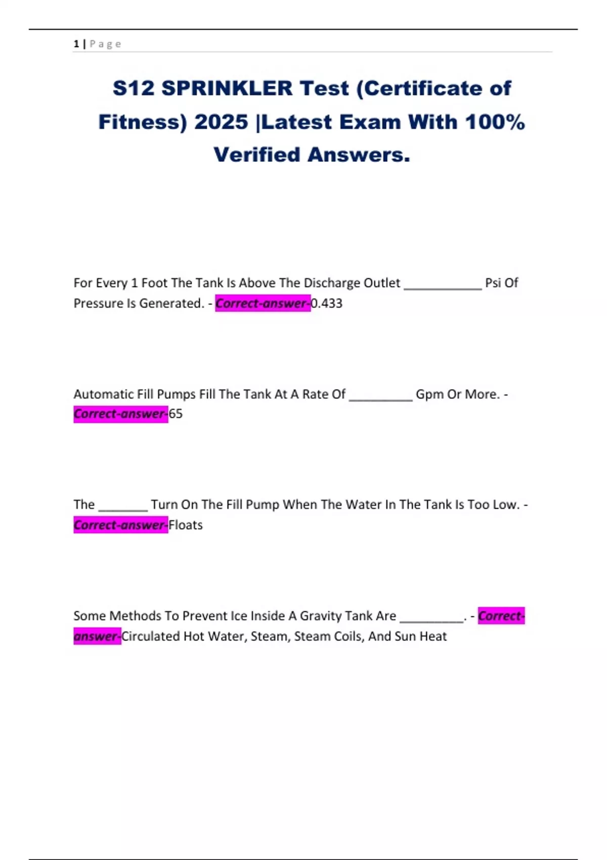 S12 SPRINKLER Test (Certificate of Fitness) 2025 |Latest Exam With 100% ...