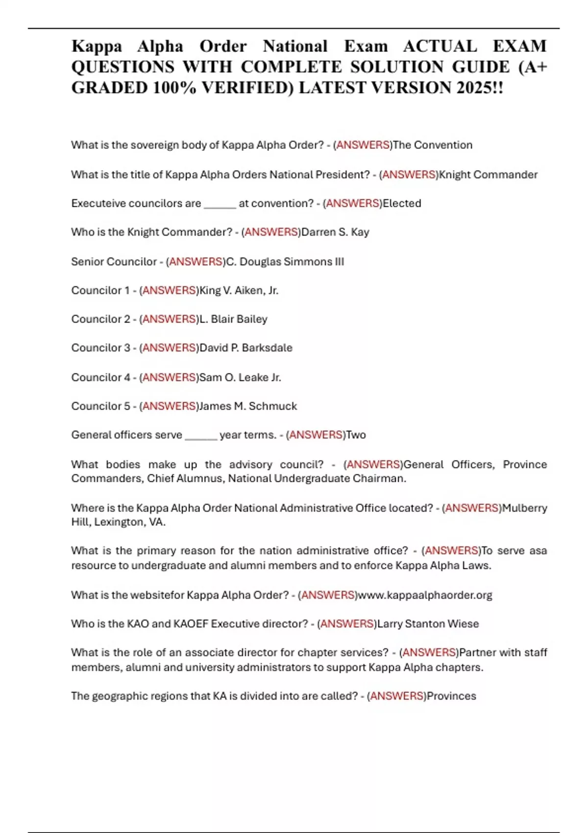 Kappa Alpha Order National Exam ACTUAL EXAM QUESTIONS WITH COMPLETE ...
