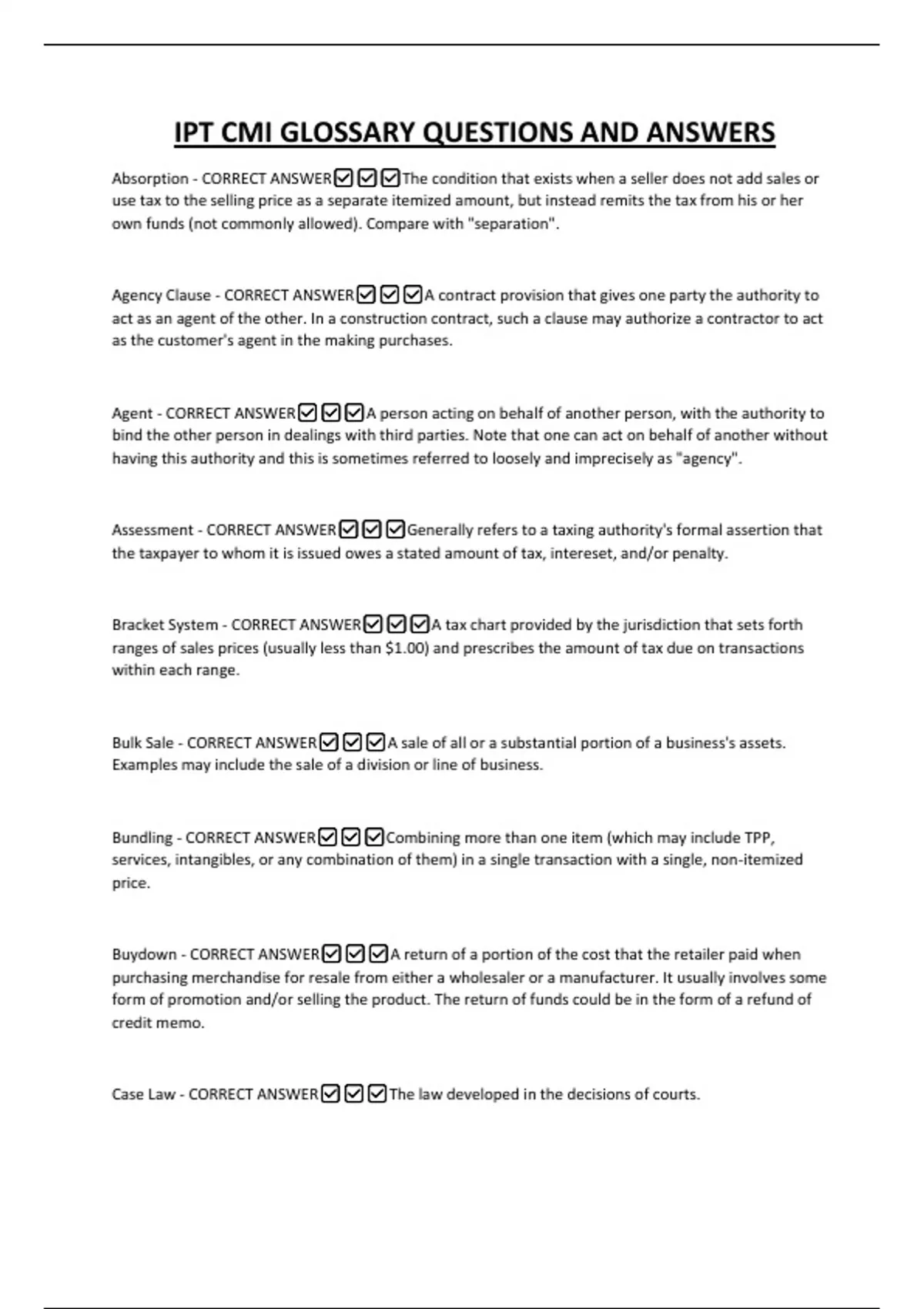 IPT CMI GLOSSARY QUESTIONS AND ANSWERS - IPT CMI - Stuvia US