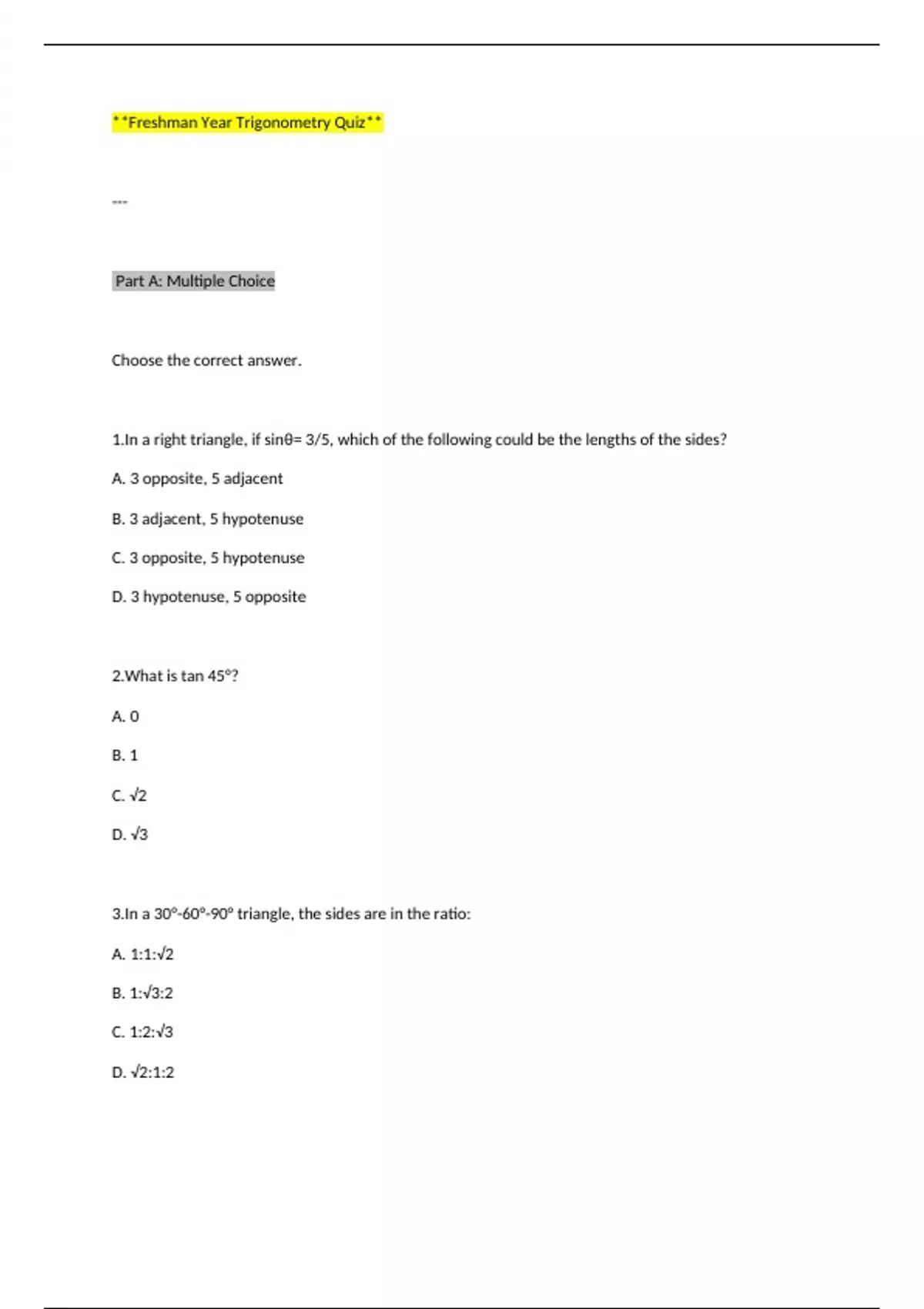 Trigonometry -model question set with answer key - Mathematics - Stuvia US