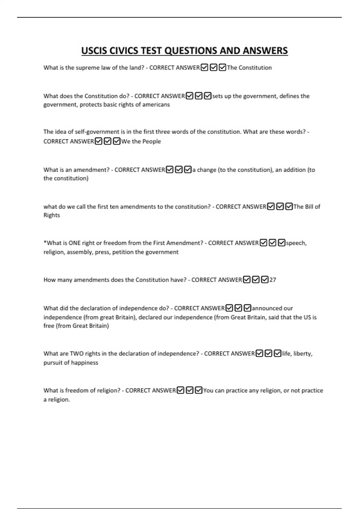 USCIS CIVICS TEST QUESTIONS AND ANSWERS - USCIS - Stuvia US