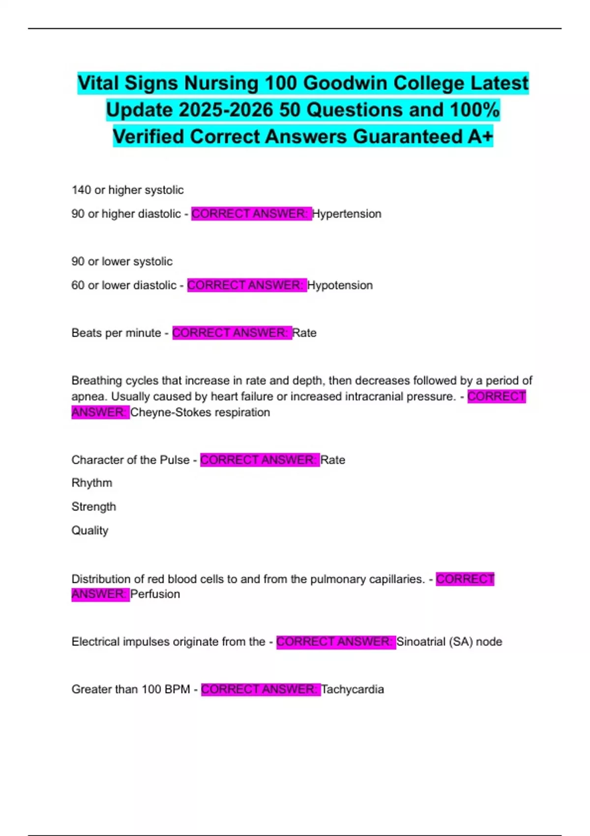 Vital Signs Nursing 100 Goodwin College Latest Update Questions and 100 ...