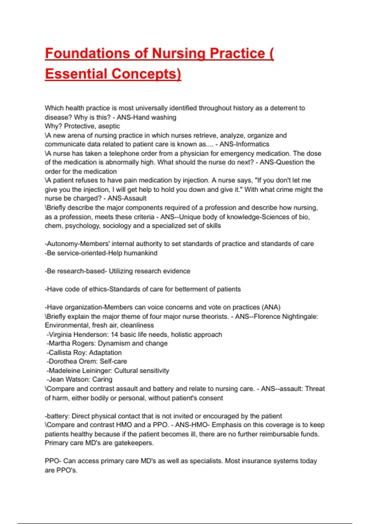 Foundations of Nursing Practice ( Essential Concepts) Test Bank Exam ...