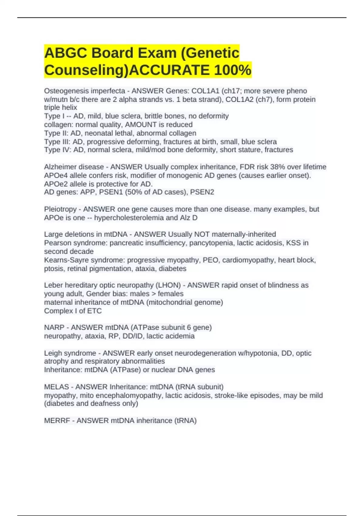 ABGC Board Exam (Genetic Counseling)ACCURATE 100% - ABGC - Stuvia US