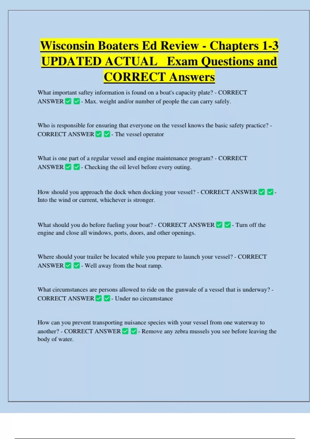 Wisconsin Boaters Ed Review - Chapters 1-3 UPDATED ACTUAL Exam ...
