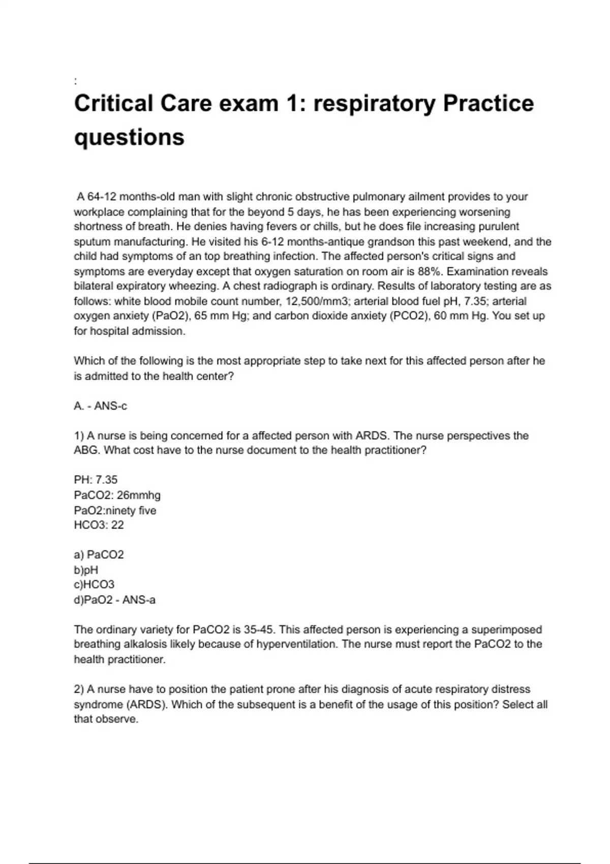 Critical Care exam 1: respiratory Practice questions QUESTIONS AND ...