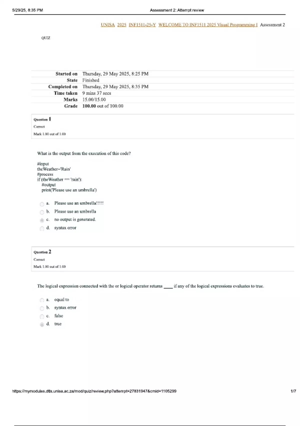 INF1511 Assignment 2 2025 (100%) - Due 27 July 2025 - Visual Programming I (INF1511) - Stuvia SA