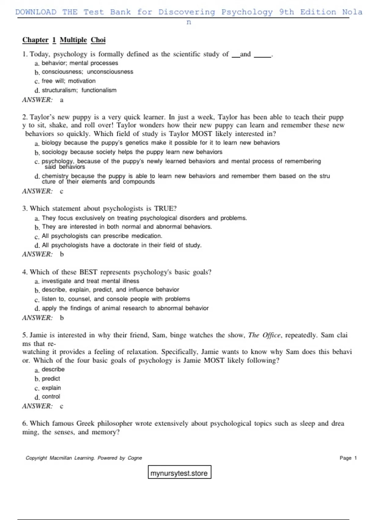 Test Bank for Discovering Psychology 9th Edition By Susan Nolan, Sandra ...