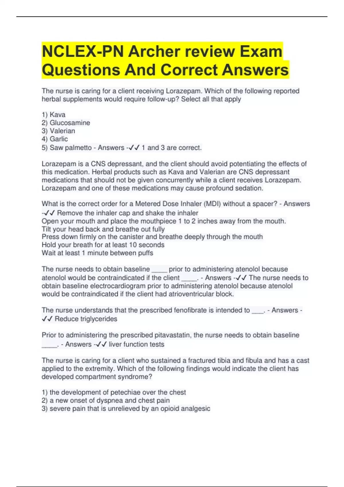 NCLEX-PN Archer review Exam Questions And Correct Answers - NCLEX-PN ...