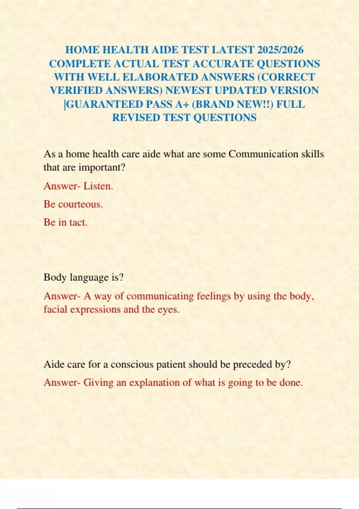 HOME HEALTH AIDE TEST LATEST 2025/2026 COMPLETE ACTUAL TEST ACCURATE ...