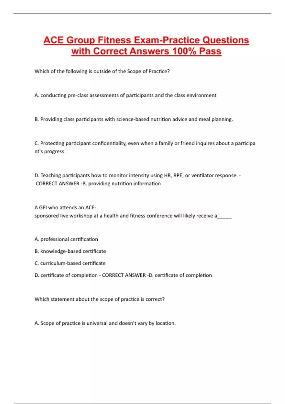 ACE Group Fitness Exam-Practice Questions with Correct Answers 100% ...