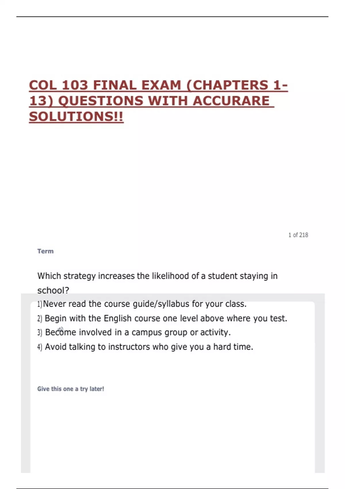 COL 103 FINAL EXAM (CHAPTERS 1-13) QUESTIONS WITH ACCURARE SOLUTIONS!! - COL 103 - Stuvia US